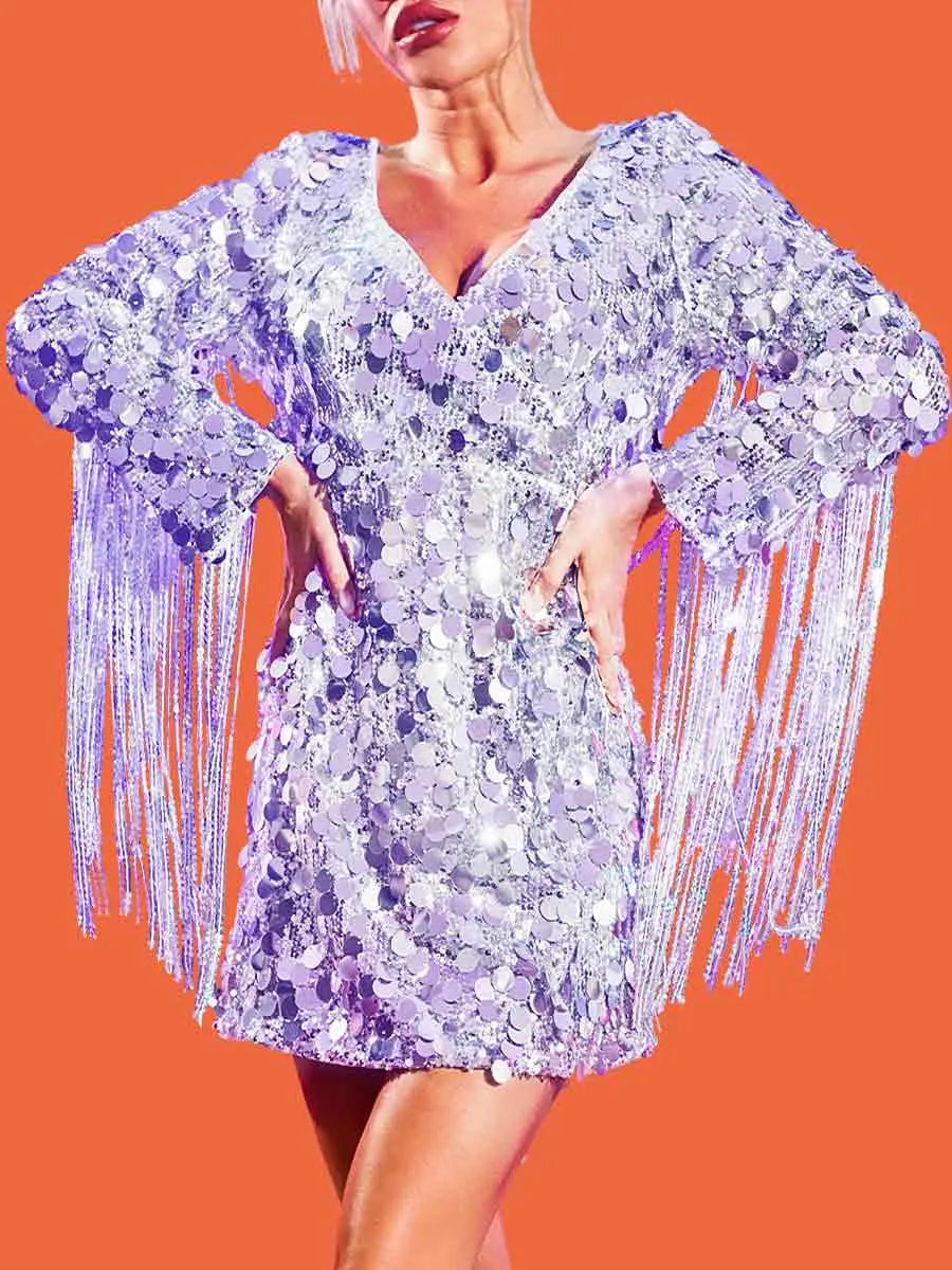 Silver Sequin Fringe Dress Playful Sparkly Fringe Dress Victray